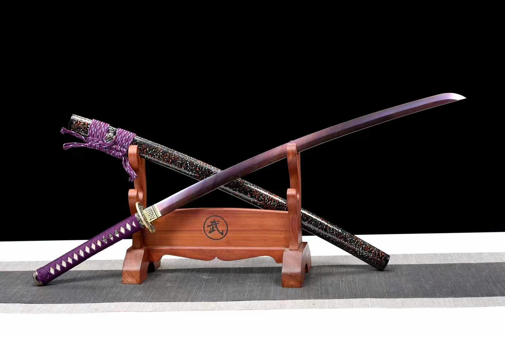 A samurai sword with blued twisted patterns.